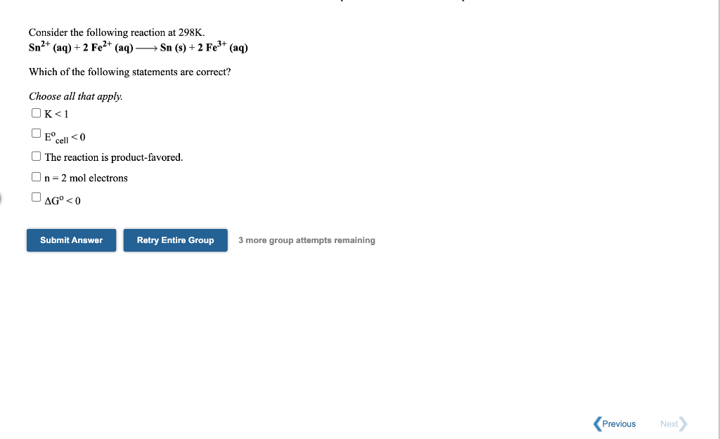Solved Consider the following reaction at 298K. Sn2+ (aq) + | Chegg.com