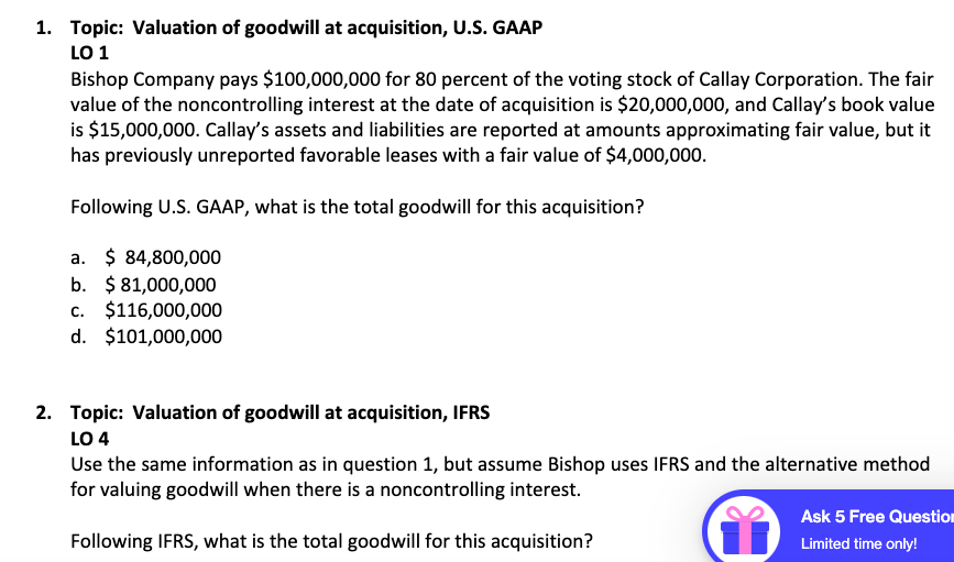 Solved 1. Topic: Valuation of goodwill at acquisition, U.S. | Chegg.com