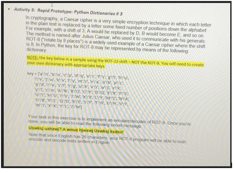 Solved Activity 3: Rapid Prototype: Python Dictionaries #3 | Chegg.com