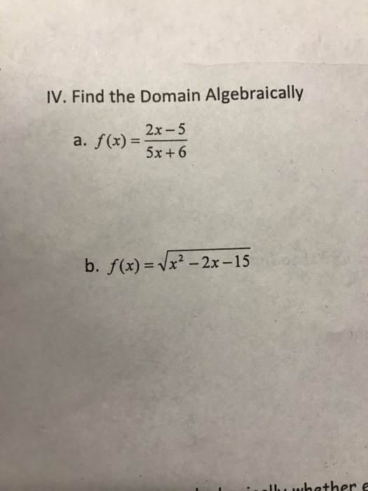 Solved IV. Find the Domain Algebraically 5x +6 b. f(x)-2x-15 | Chegg.com