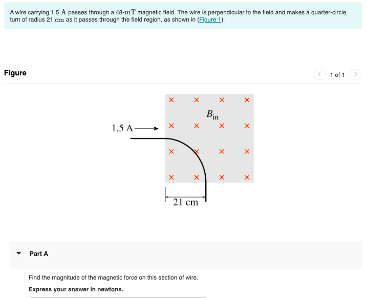 A wire carrying 1.5 A passes through a 48-mT magnetic | Chegg.com