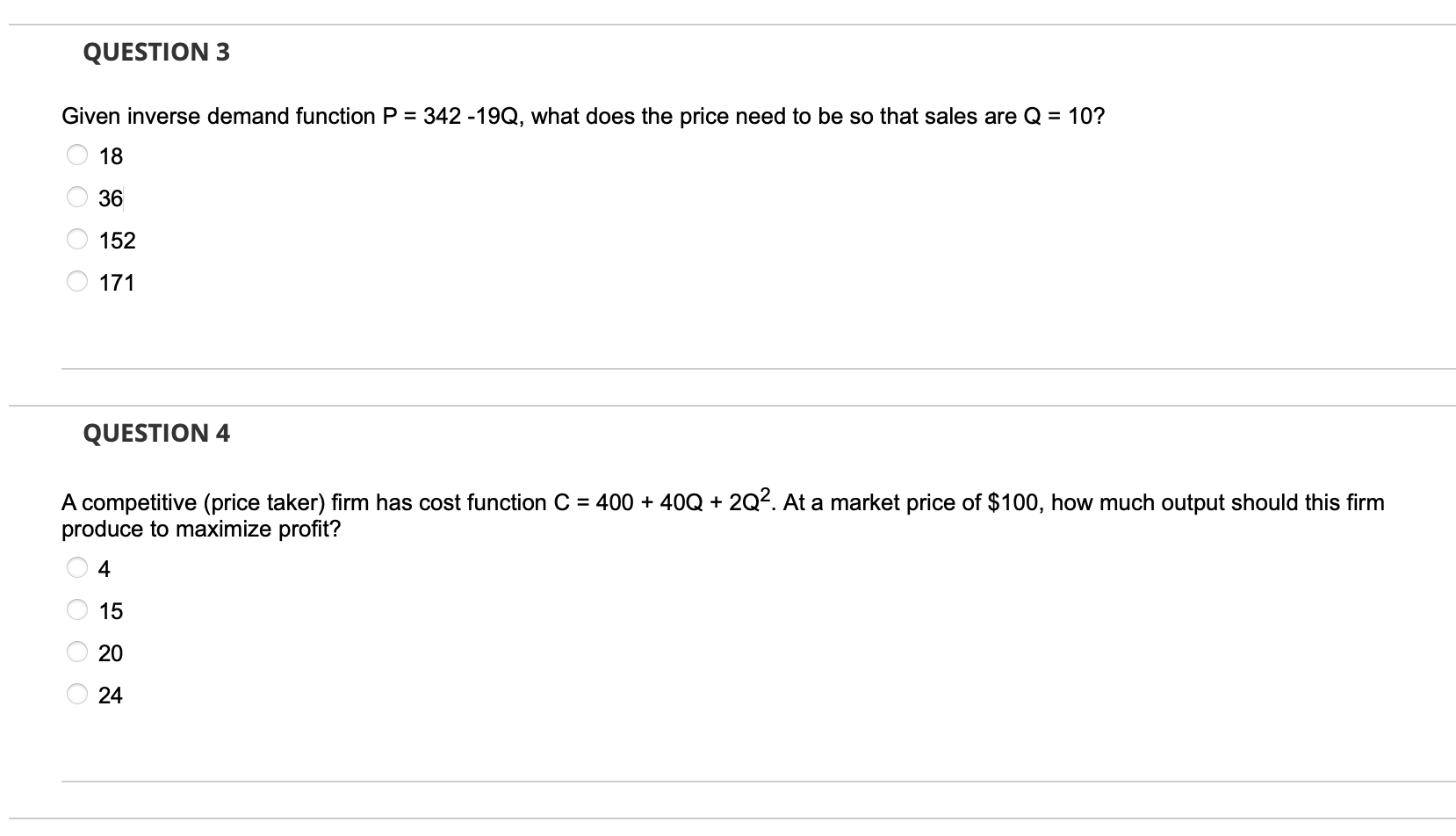 Solved Given inverse demand function P=342−19Q, what does | Chegg.com