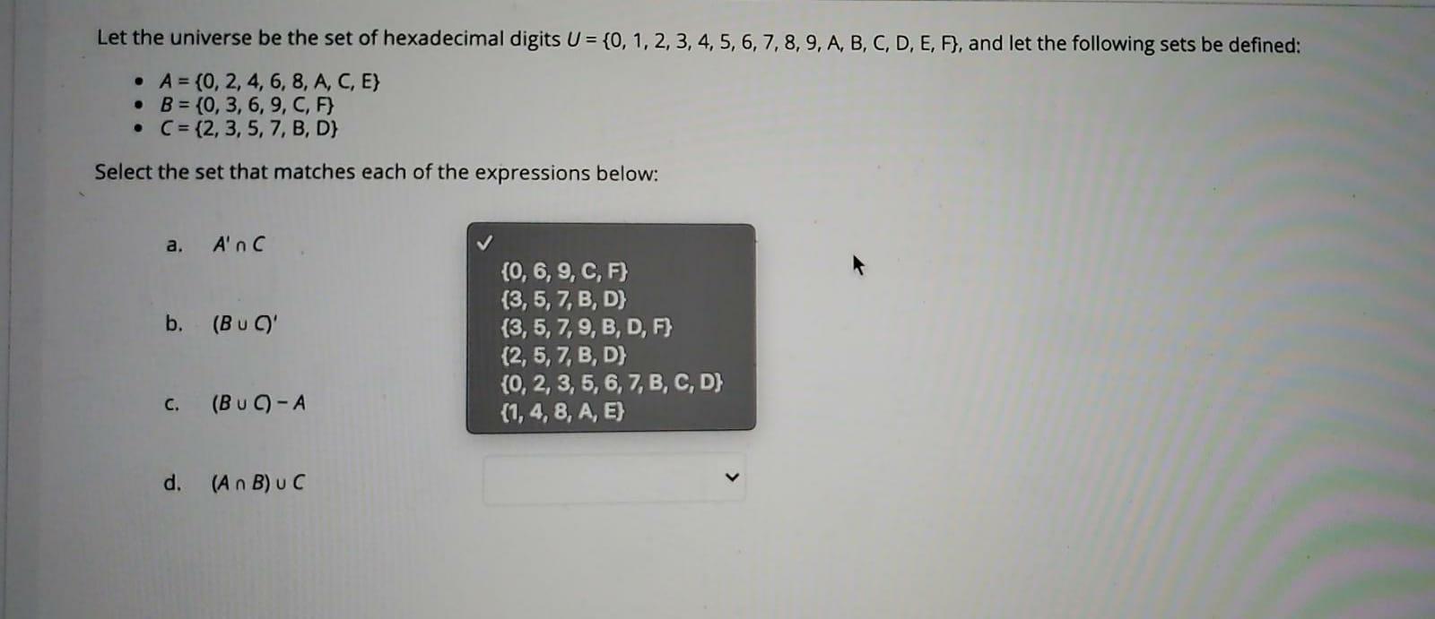 Solved Let The Universe Be The Set Of Hexadecimal Digits U 