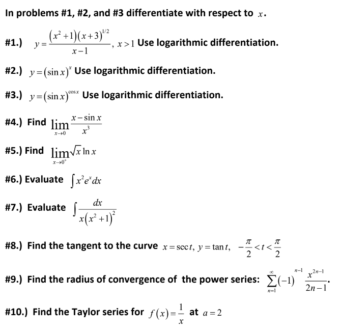 Solved In problems \#1,\#2, and \#3 differentiate with | Chegg.com