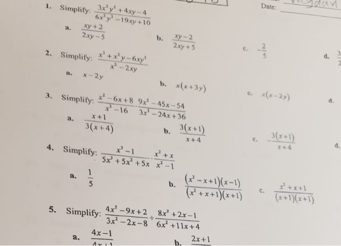Solved Date Da Simplify Jy 4sy 4 X 19xy 10 A 2xy 5 2xy 5