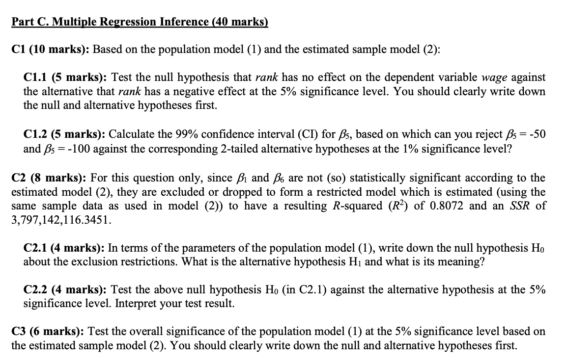 Solved Part C. Multiple Regression Inference (40 marks) C1 | Chegg.com