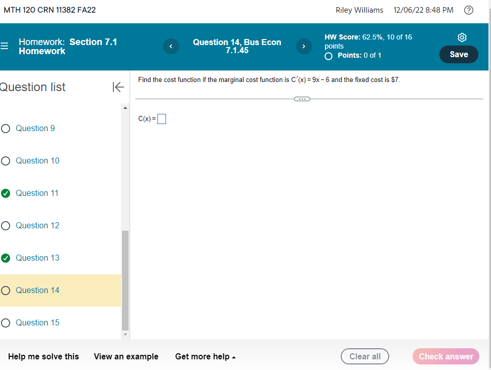 Solved MTH 120 CRN 11382 FA22 E Homework: Section 7.1 | Chegg.com