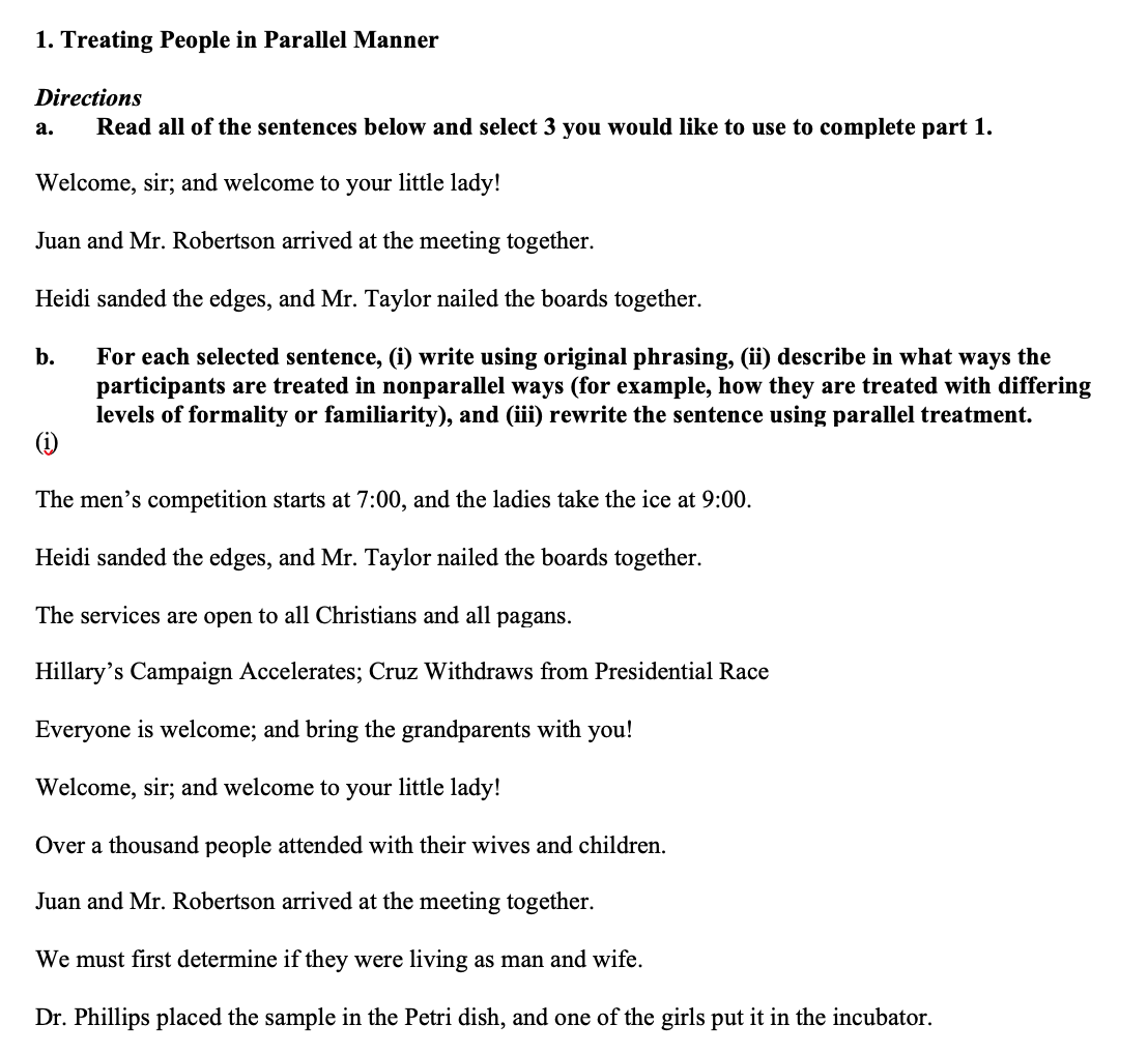 1. Treating People in Parallel Manner Directions Read | Chegg.com