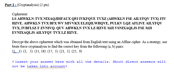 Solved Part 2: (Cryptanalysis) (2 pts) Ciphertext: LS | Chegg.com