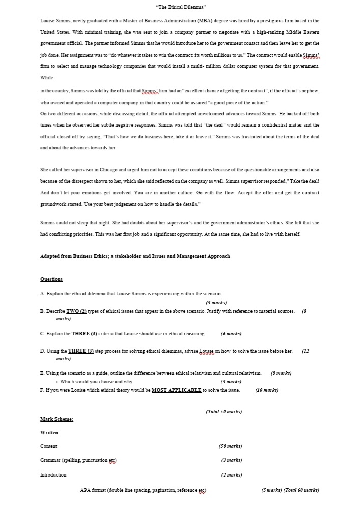 Solved "The Ethical Dilemma" Louise Simms, newly graduated | Chegg.com