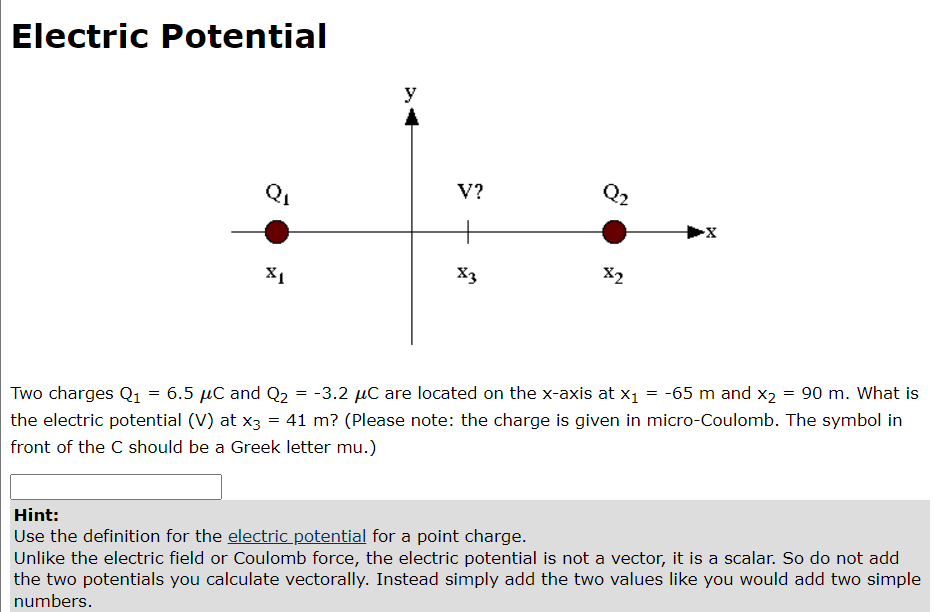 Solved Electric Potential Two charges Q1=6.5μC and Q2=−3.2μC | Chegg.com