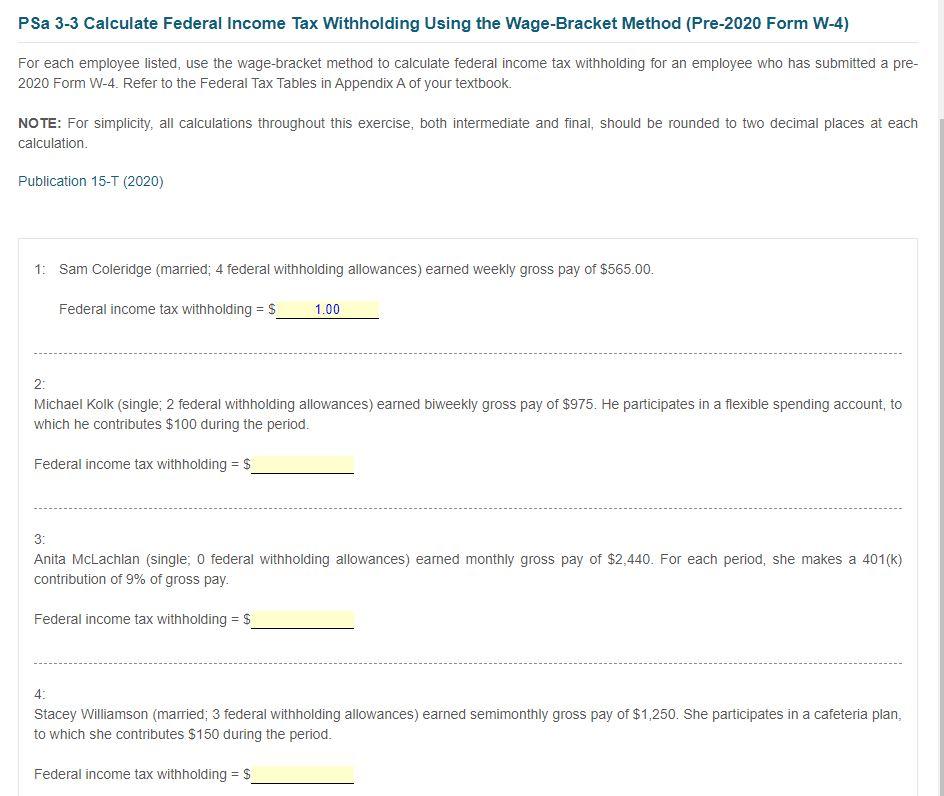 PSa 3-3 Calculate Federal Income Tax Withholding | Chegg.com