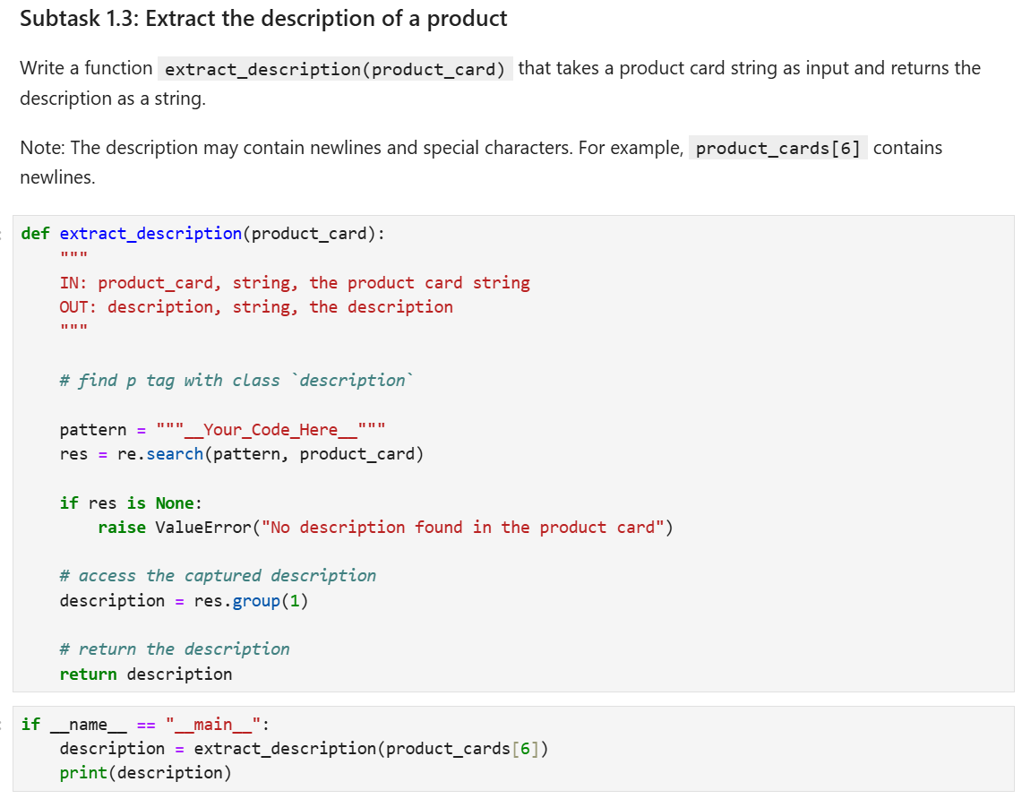 Solved Subtask 1.3: Extract the description of a | Chegg.com