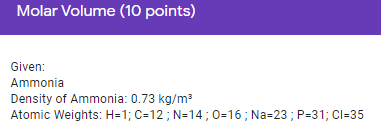 Solved Molar Volume (10 points) Given: Ammonia Density of | Chegg.com