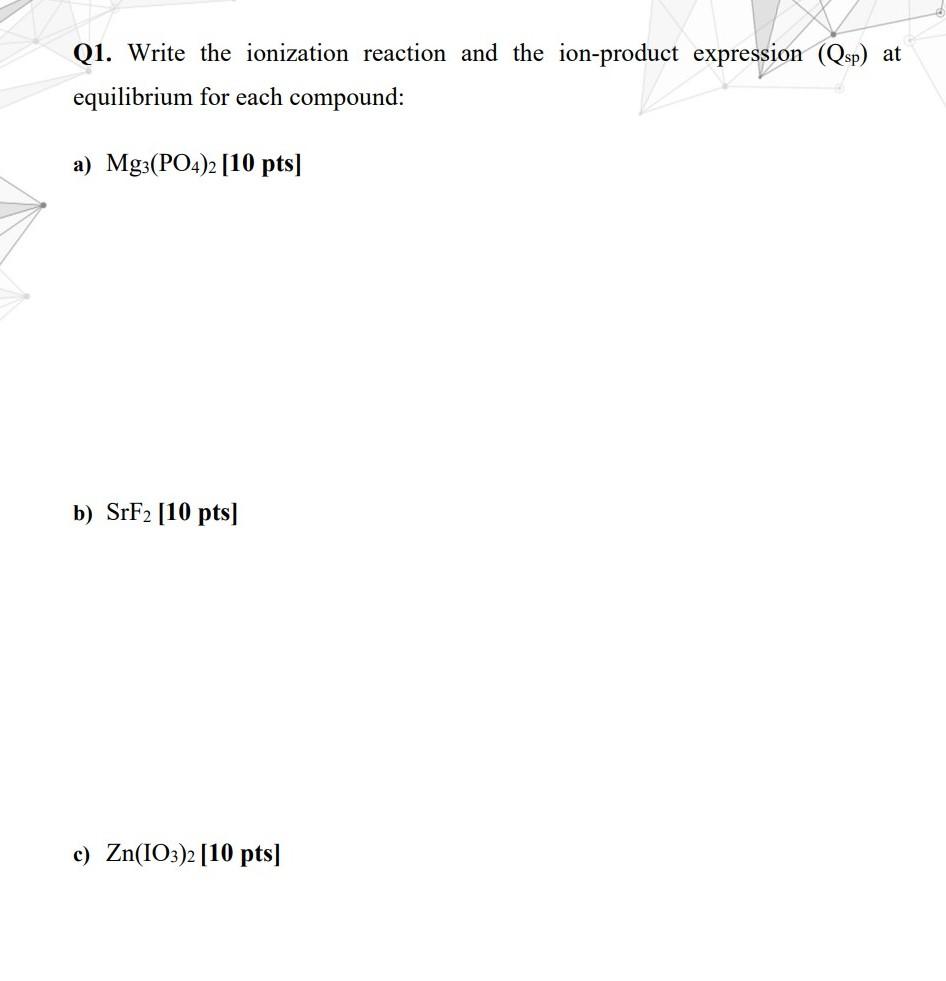 Solved Q1. Write the ionization reaction and the ion-product | Chegg.com