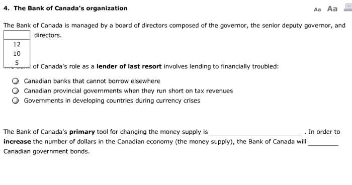 Solved Aa Aa E 4. The Bank of Canada's organization The Bank | Chegg.com Solved Aa Aa E 4. The Bank of Canada's organization The Bank | Chegg.com