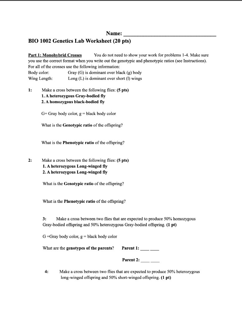 Solved Name: BIO 1002 Genetics Lab Worksheet (20 pts) Part | Chegg.com