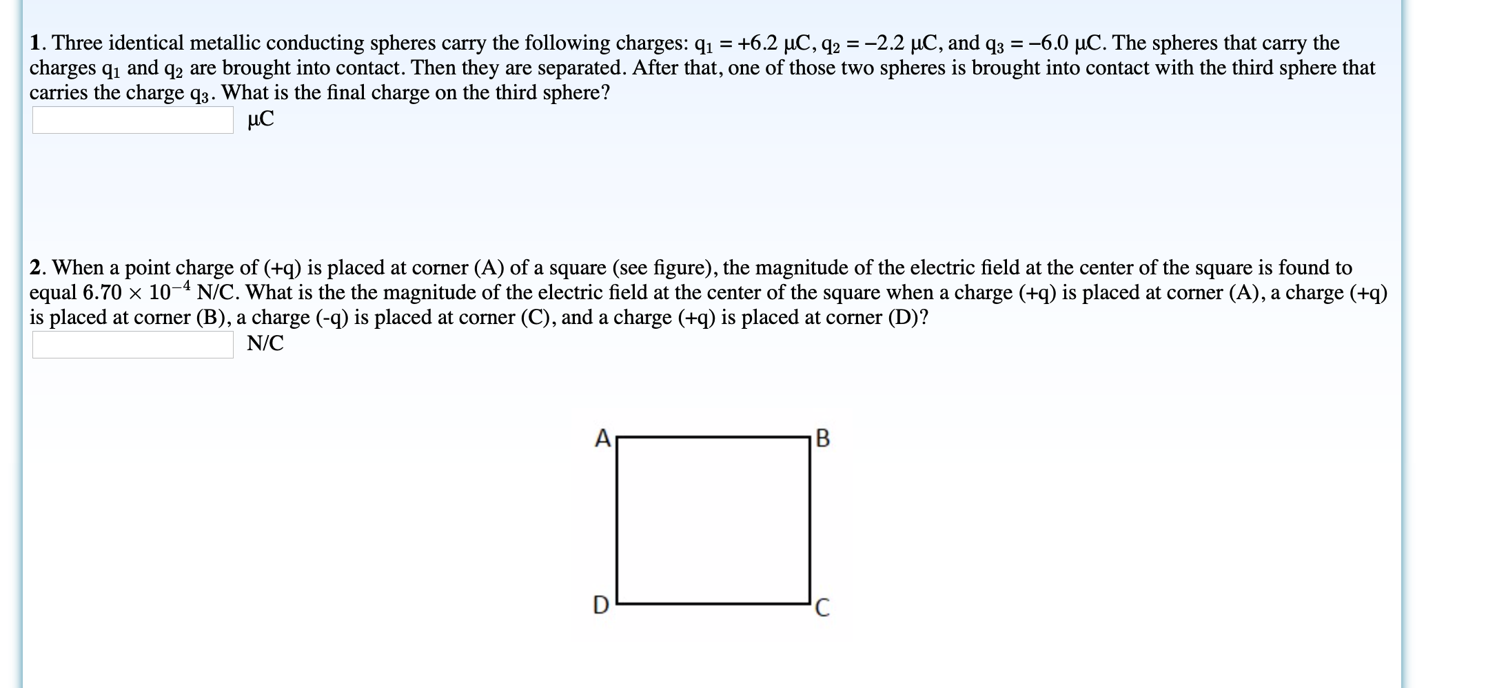 Solved 1. Three identical metallic conducting spheres carry | Chegg.com