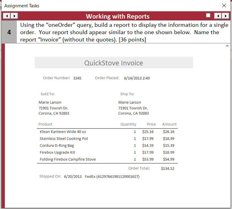 Assignment Tasks X Working with Reports Using the | Chegg.com