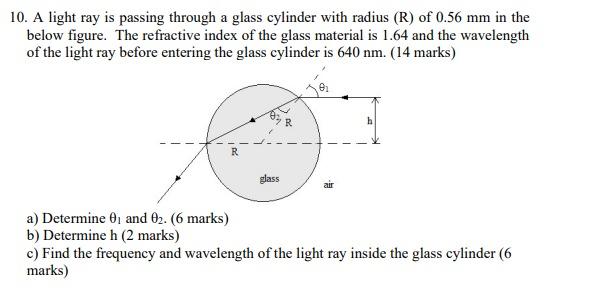 Solved 10. A light ray is passing through a glass cylinder | Chegg.com