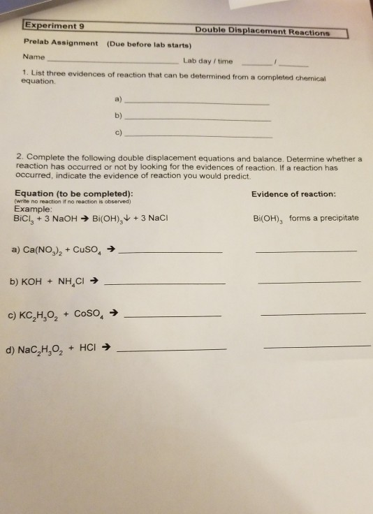 Solved Experiment 9 Double Displacement Reactions Prelab | Chegg.com
