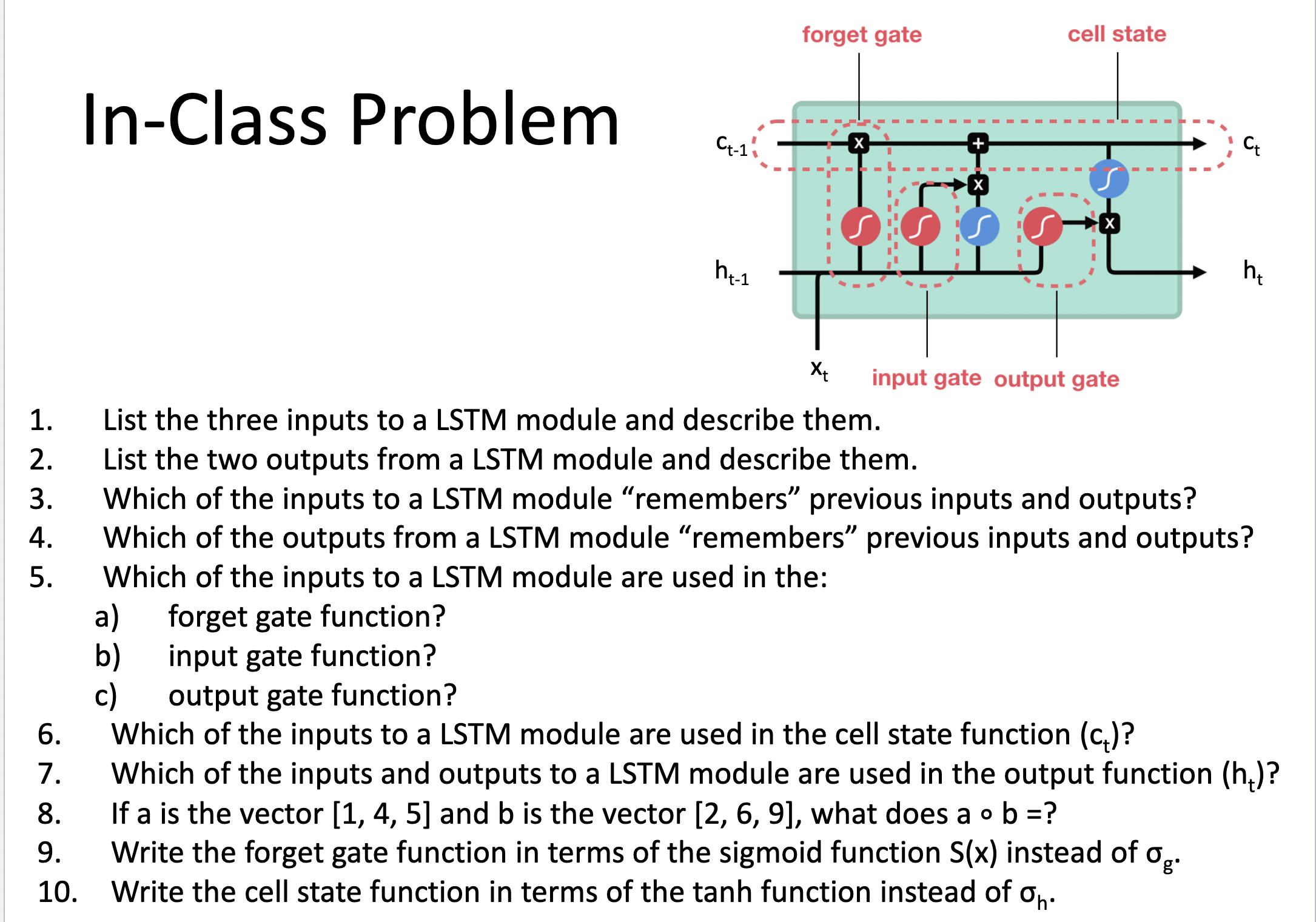 Solved In-Class Problem 1. List the three inputs to a LSTM | Chegg.com
