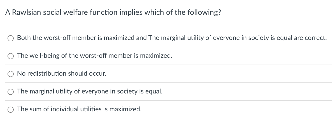 Solved A Rawlsian social welfare function implies which of | Chegg.com