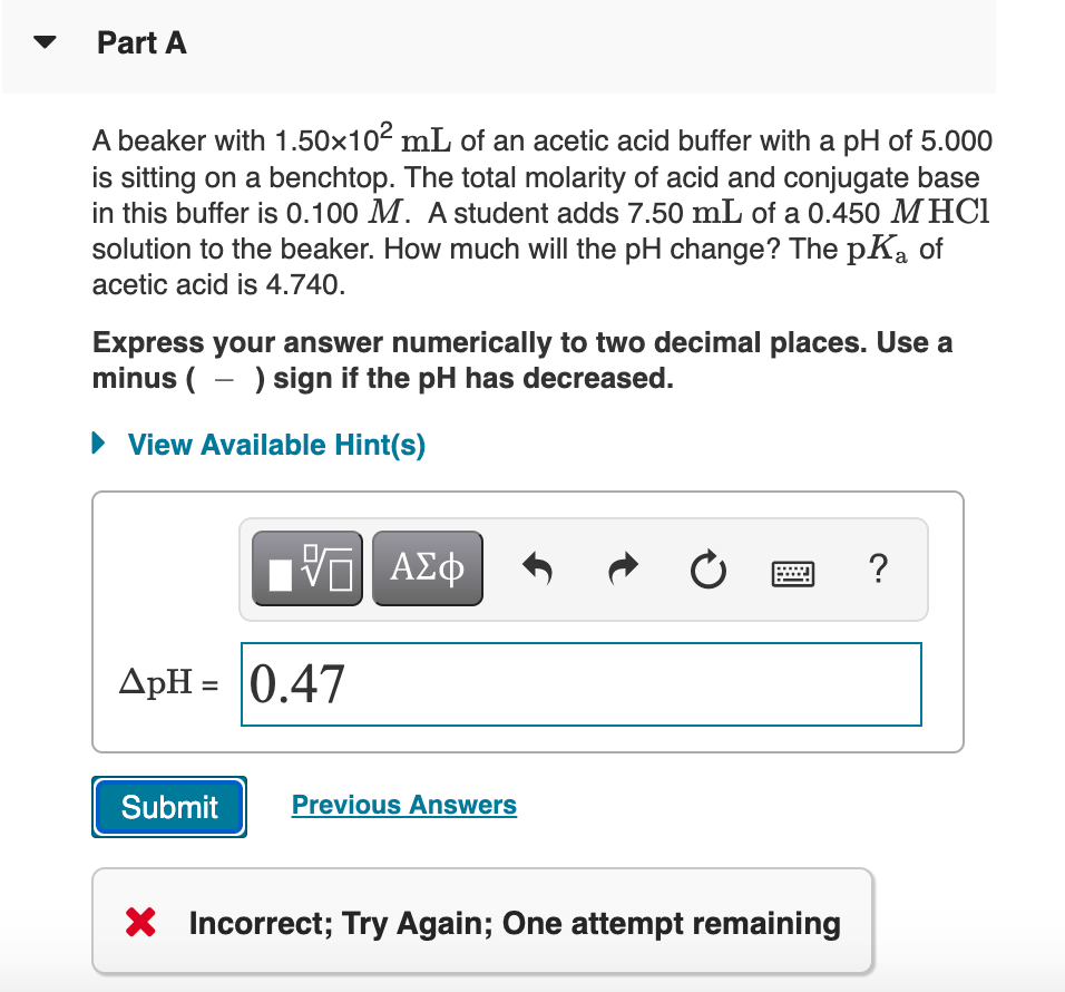 Solved Part A A beaker with 1.50x102 mL of an acetic acid | Chegg.com