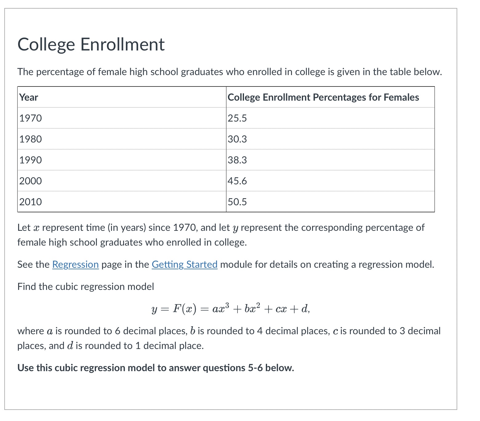 Solved College Enrollment The percentage of female high | Chegg.com