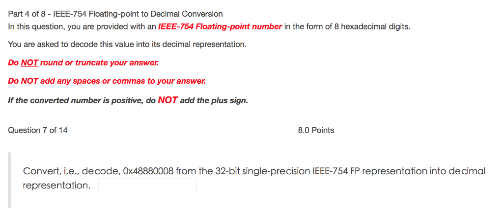 Solved Part 4 of 8 IEEE-754 Floating-point to Decimal | Chegg.com
