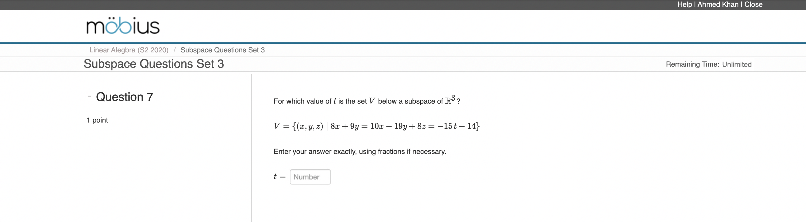 Solved möbius Linear Alegbra (S2 2020) Subspace Questions | Chegg.com
