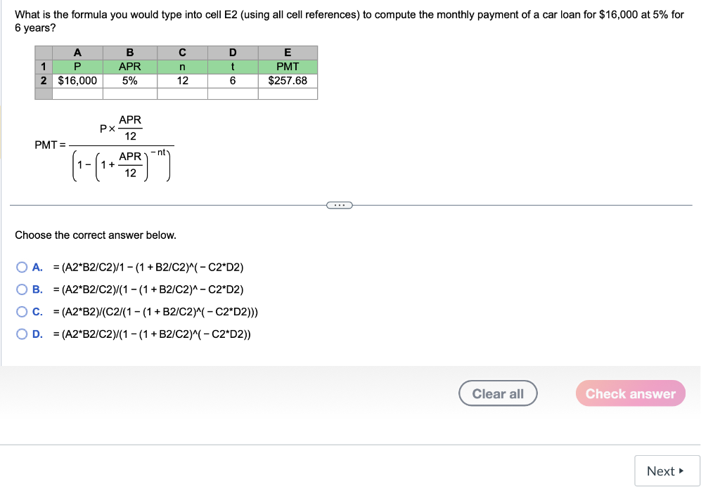 Solved What is the formula you would type into cell E2 | Chegg.com