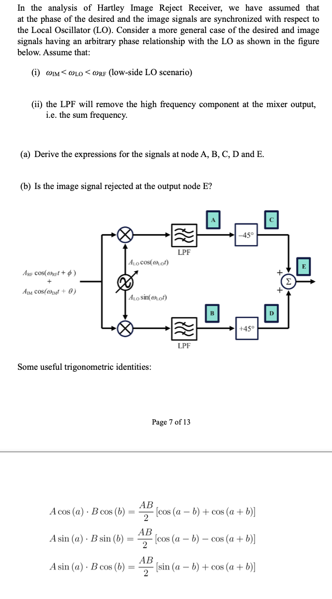 Solved In the analysis of Hartley Image Reject Receiver, we | Chegg.com