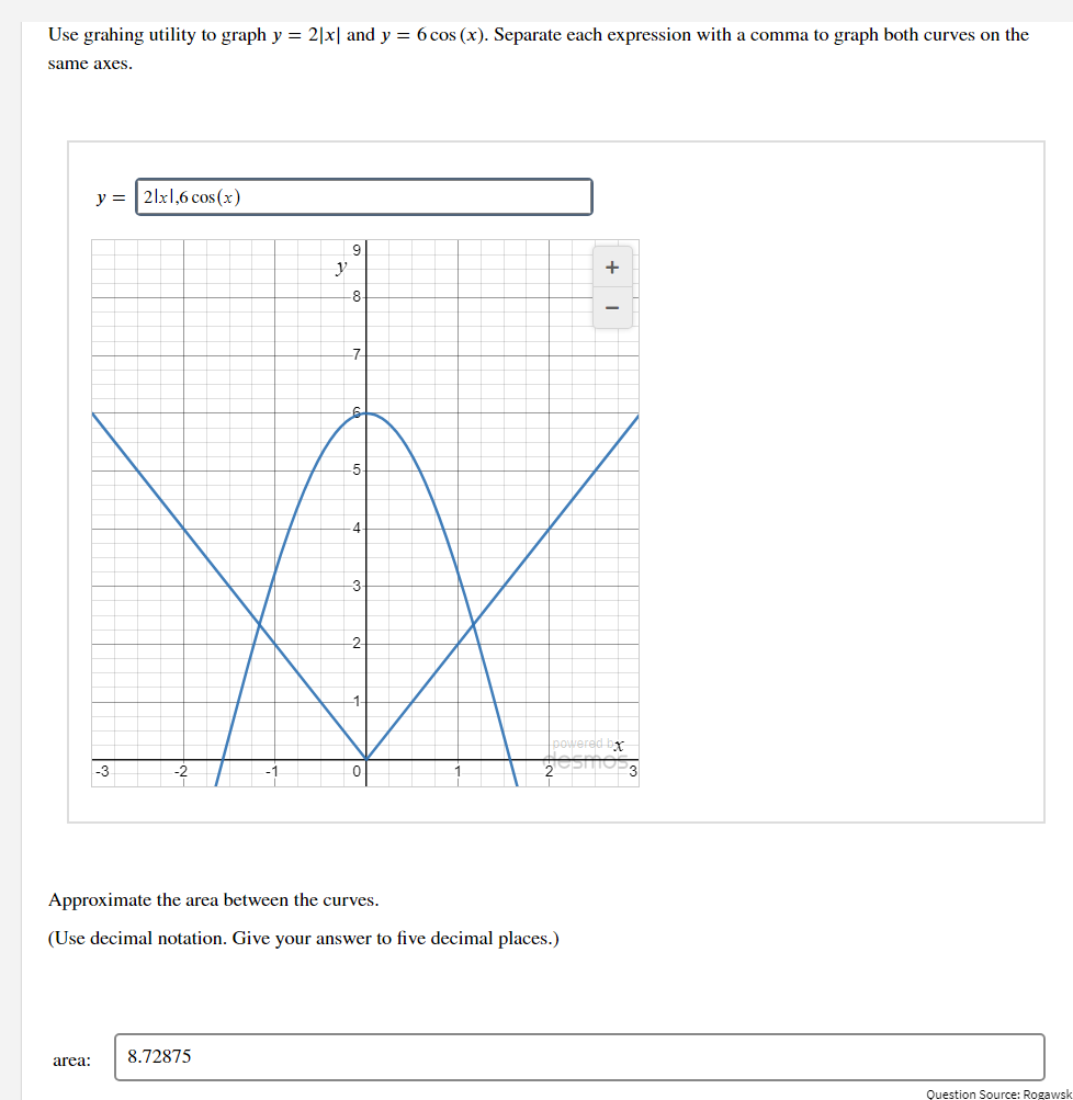 Solved Use grahing utility to graph y=2∣x∣ and y=6cos(x). | Chegg.com