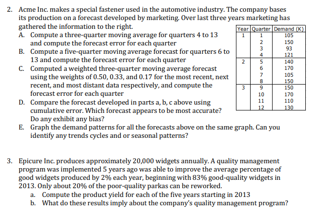 Solved 2. Acme Inc. makes a special fastener used in the | Chegg.com