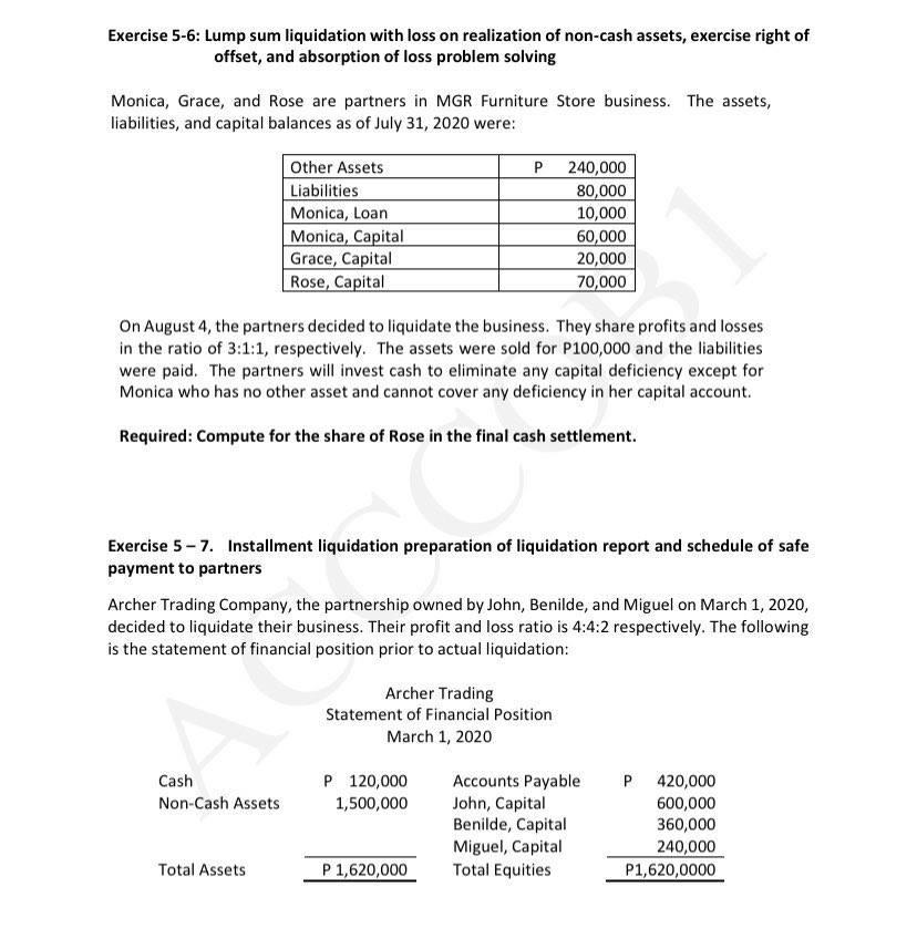 Solved Exercise 5-6: Lump sum liquidation with loss on | Chegg.com