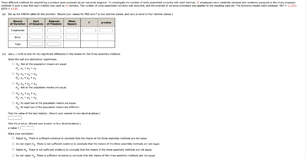 Solved Three different methods for assembling a product were | Chegg.com