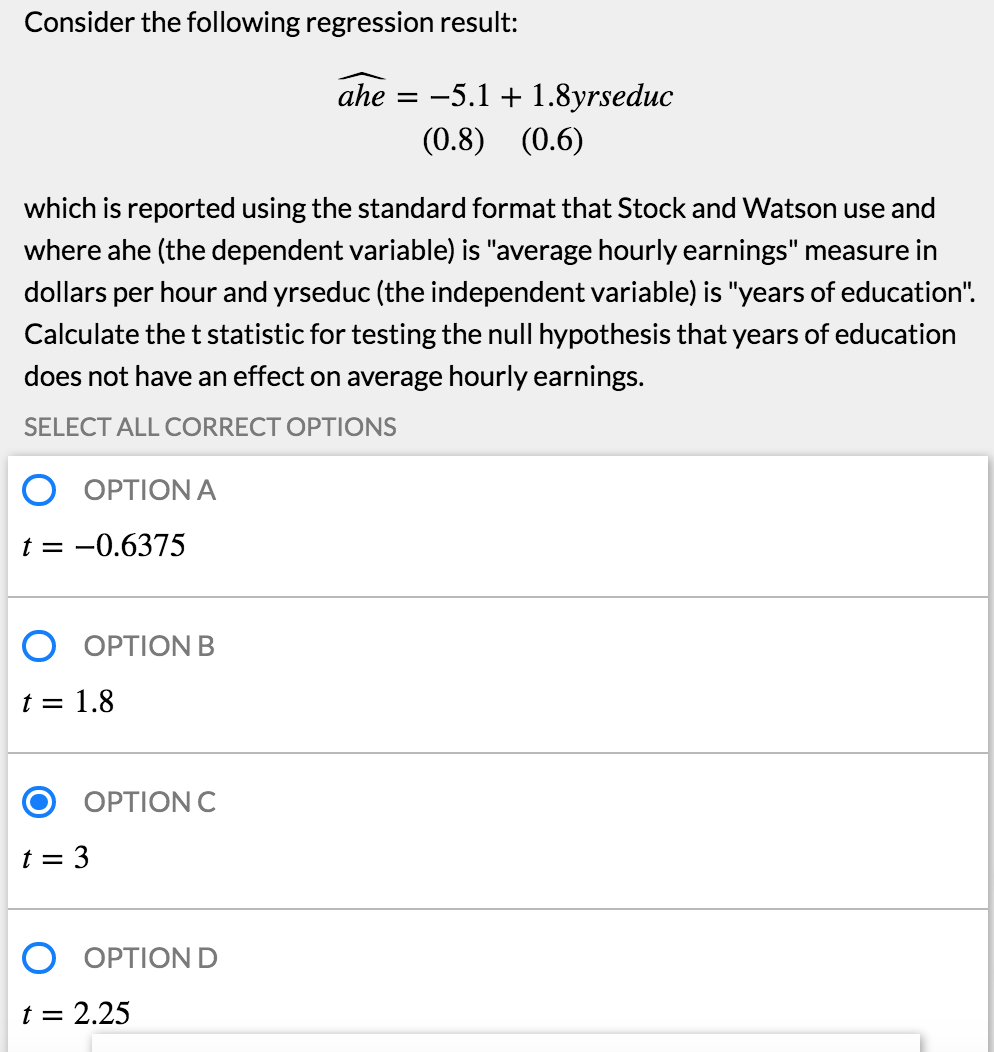 Solved Consider the following regression result: ahe = -5.1 | Chegg.com