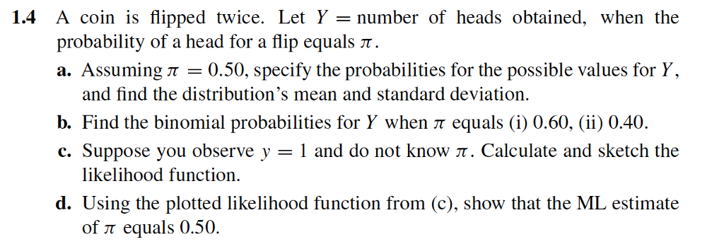 Solved 1.4 A coin is flipped twice. Let Y- number of heads | Chegg.com