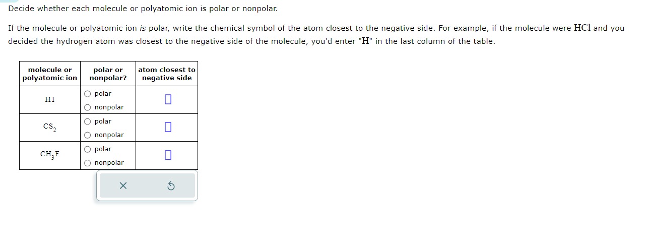 Solved Decide whether each molecule or polyatomic ion is | Chegg.com
