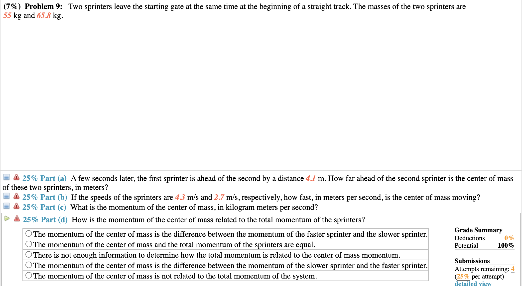 Solved (7%) Problem 9: Two sprinters leave the starting gate | Chegg.com