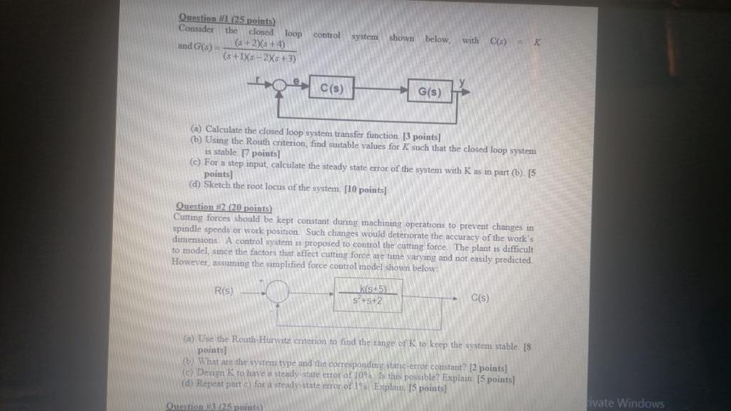 Solved Questies (25 points) Consider the closed loop control | Chegg.com
