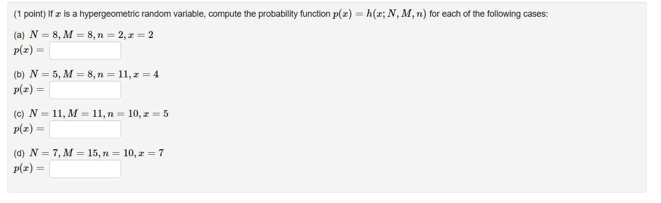 Solved (1 point) If z is a hypergeometric random variable, | Chegg.com