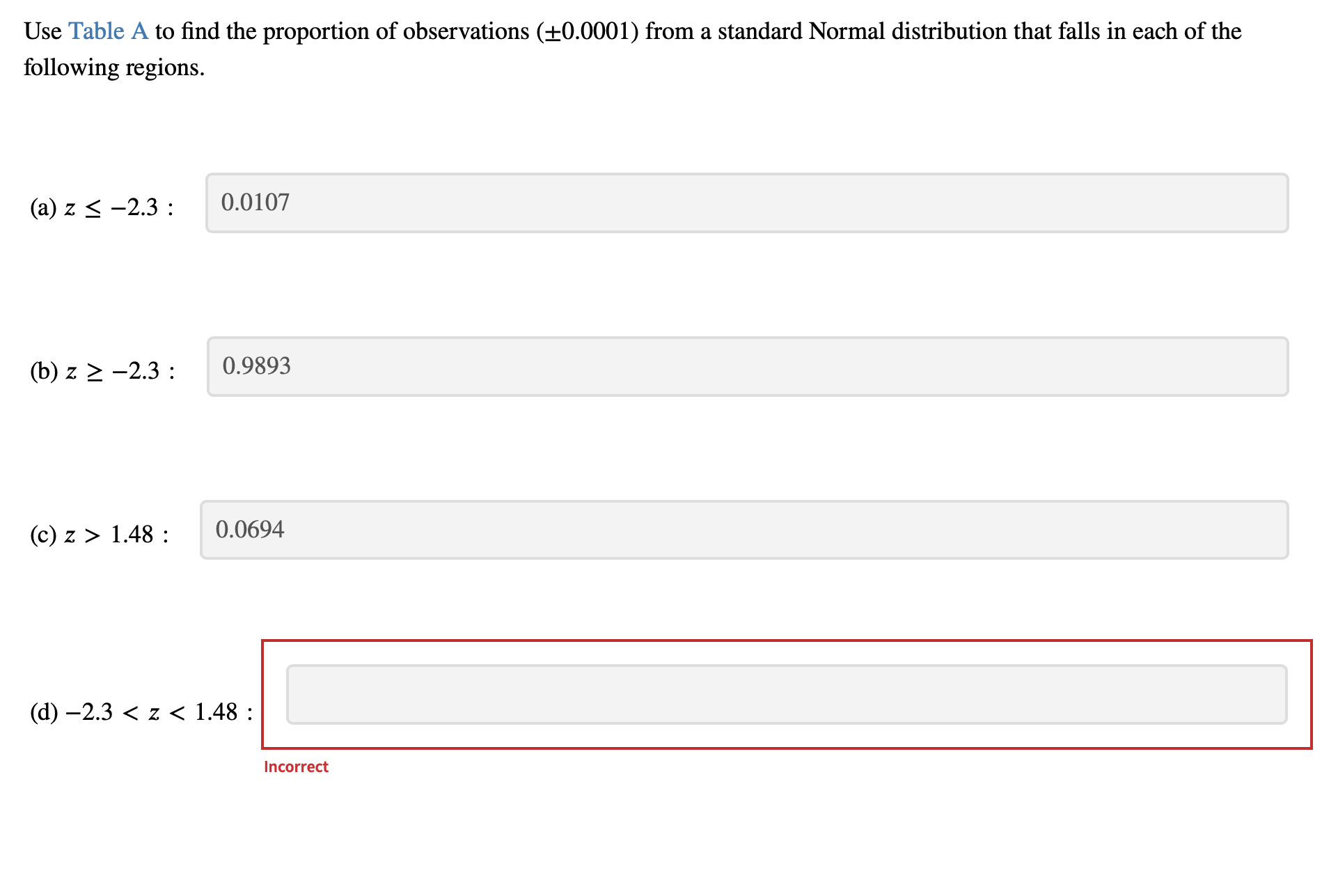 Solved Use Table A to find the proportion of observations | Chegg.com