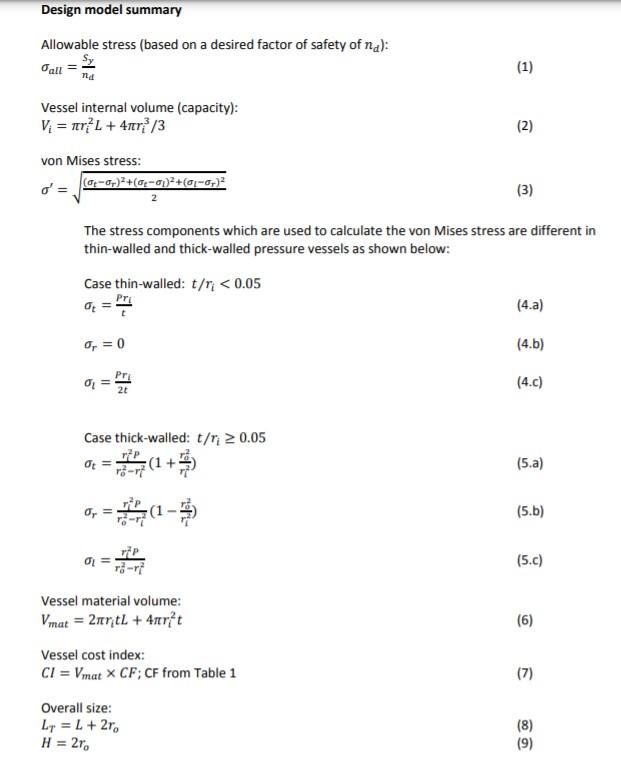 Solved Pressure vessel design summary In design of pressure | Chegg.com