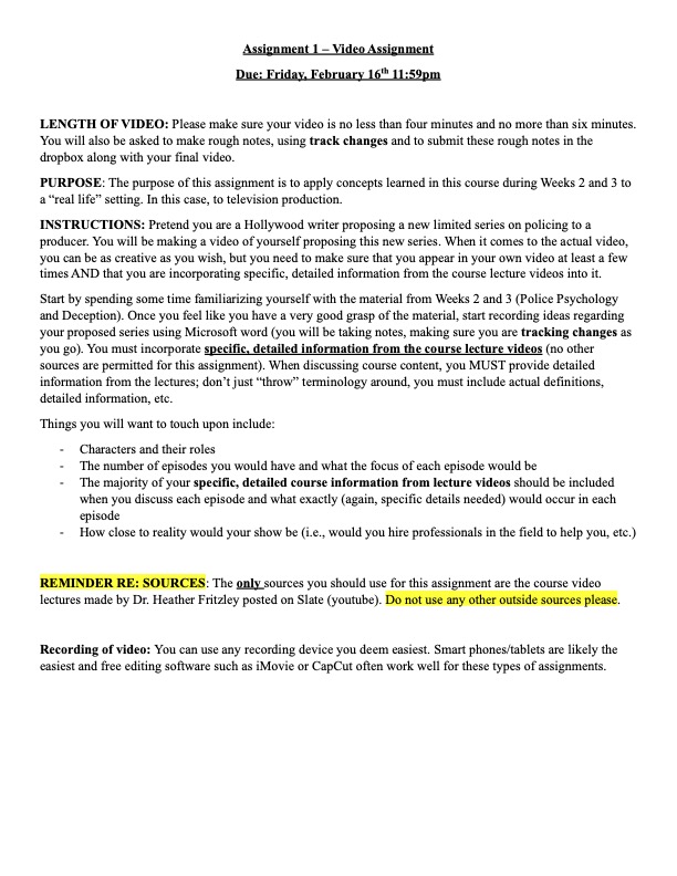 LENGTH OF VIDEO: Please make sure your video is no | Chegg.com