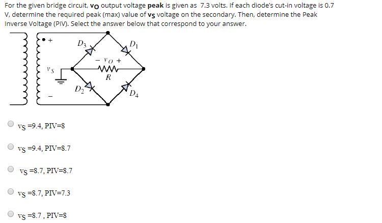 Solved For the given bridge circuit, vo output voltage peak | Chegg.com