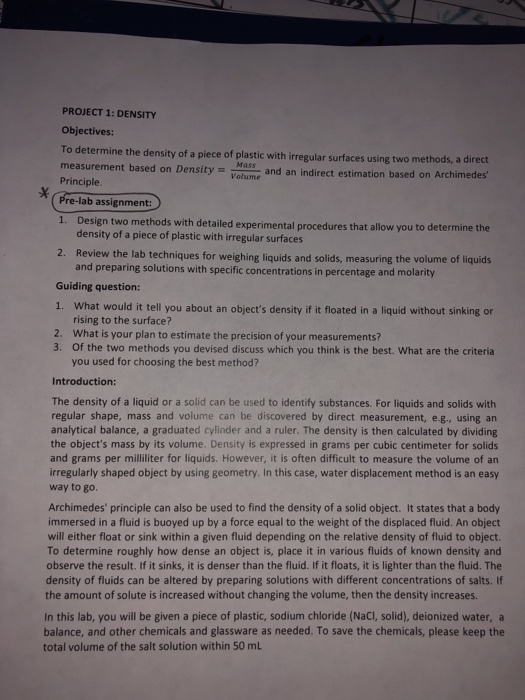 Solved PROJECT 1: DENSITY Objectives: To determine the | Chegg.com