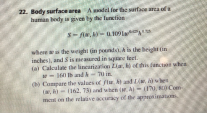 22. Body surface area Amodel for the surface area of | Chegg.com