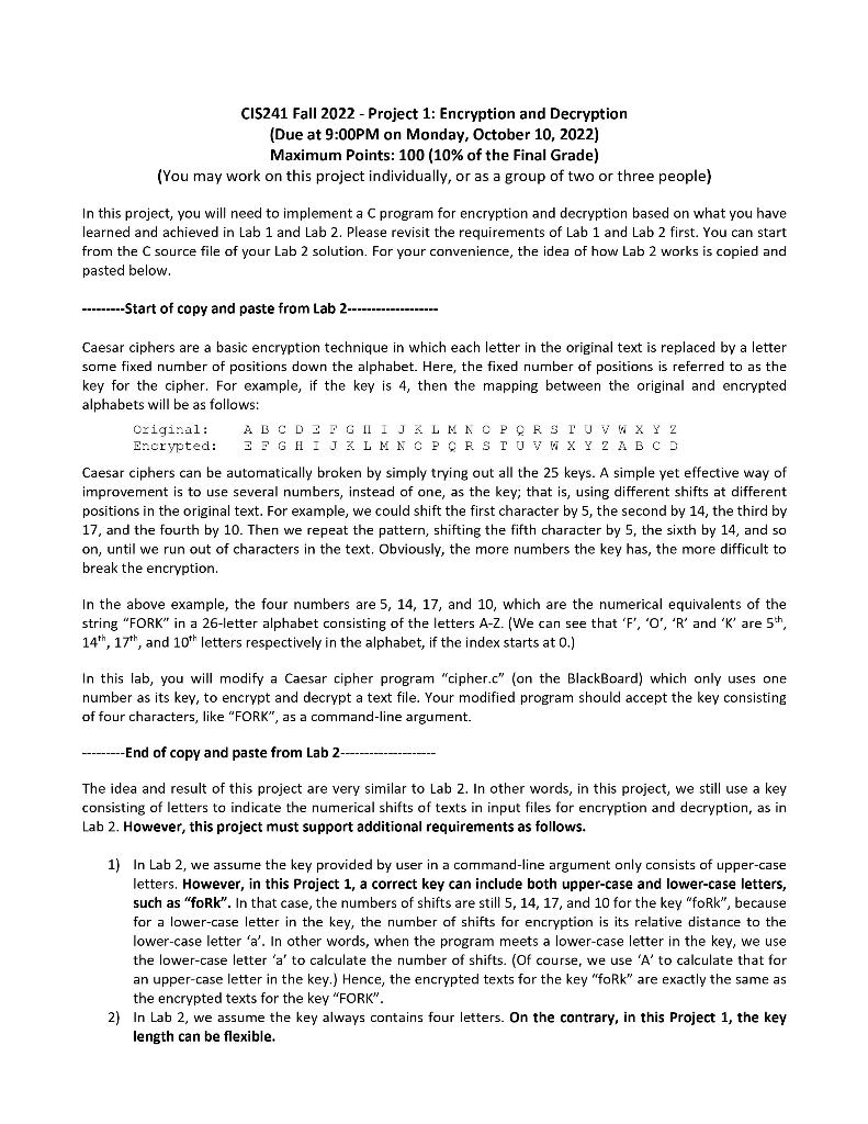 CI5241 Fall 2022 - Project 1: Encryption and | Chegg.com